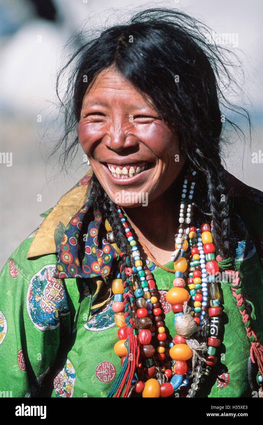 Tibetan woman at her tent encampment at town of Darchen. Darchen is not ...