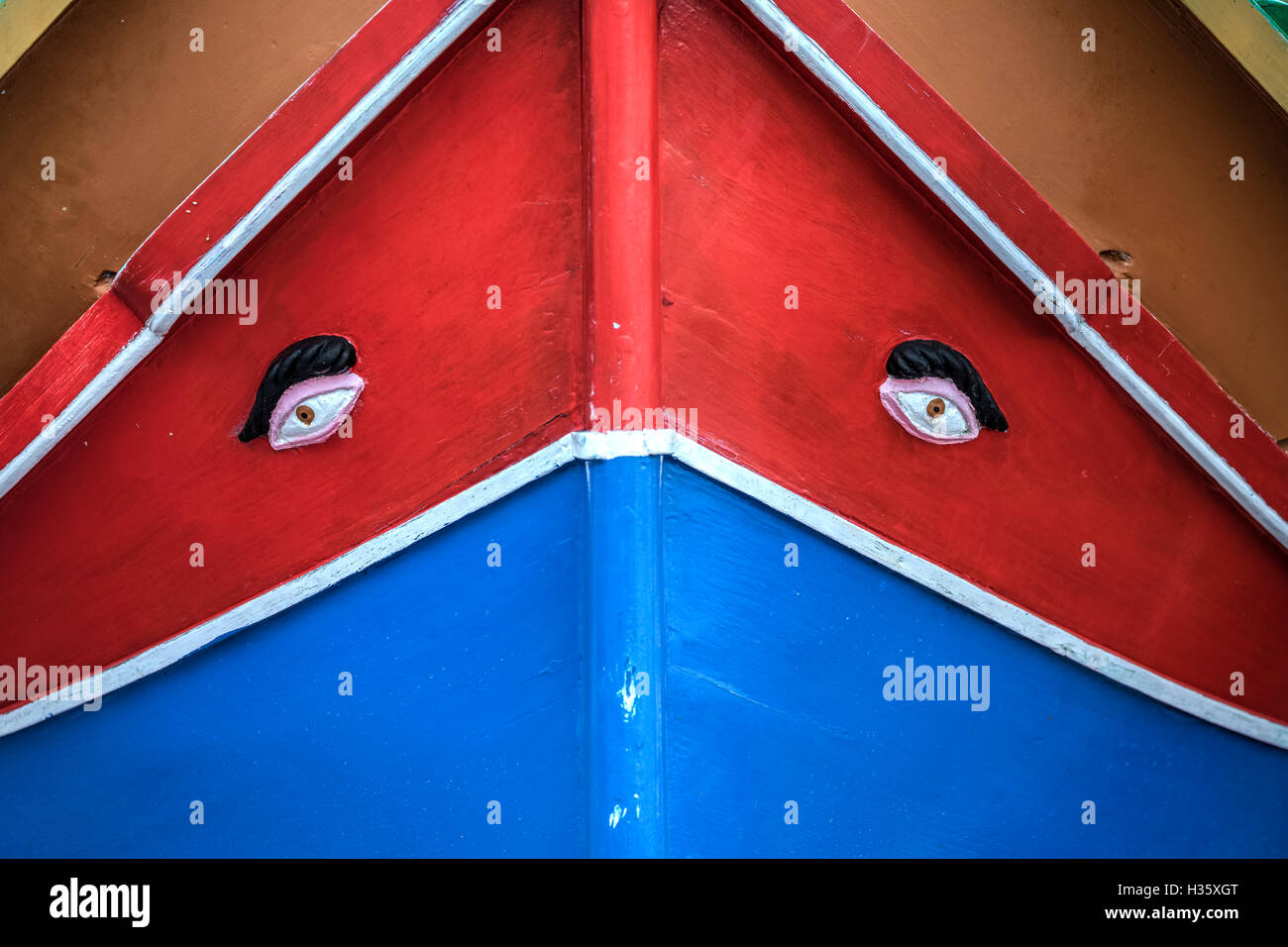 Bow of traditional Maltese fishing boat called Luzzu, with the Eye of ...