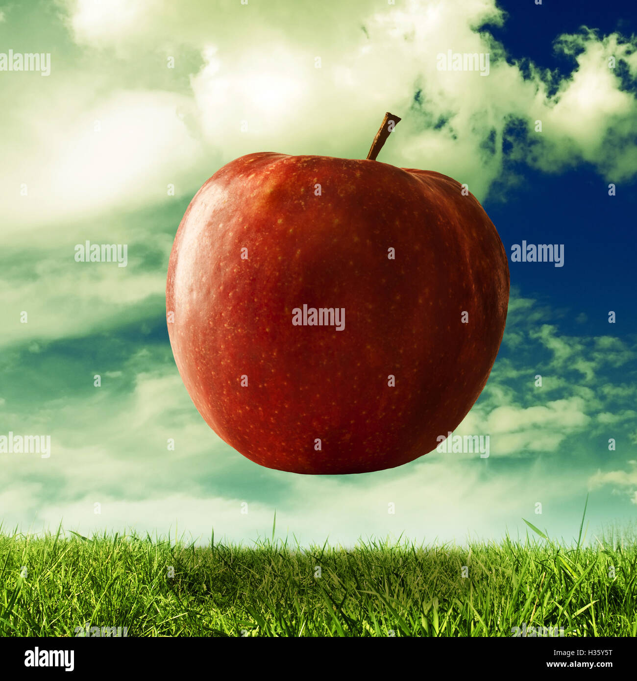 giant apple floating over a meadow, imagination, ideas and creativity ...