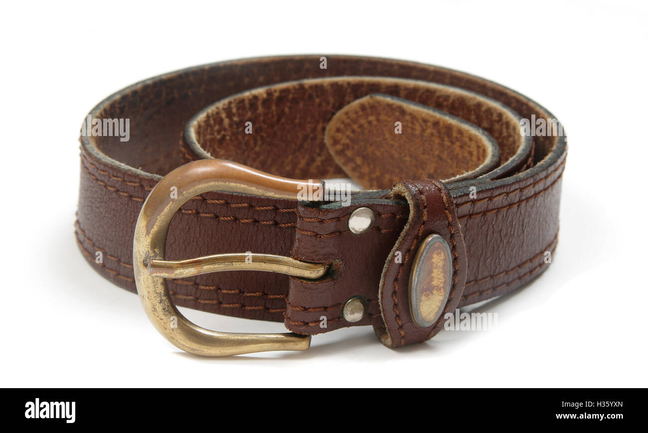 old vintage leather belt on white Stock Photo - Alamy
