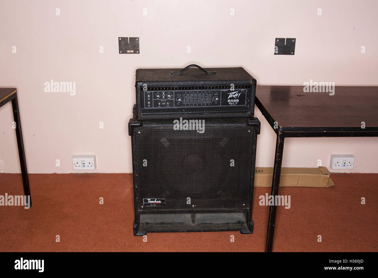 Interior fixtures and fittings of an old club house with dated worn ...