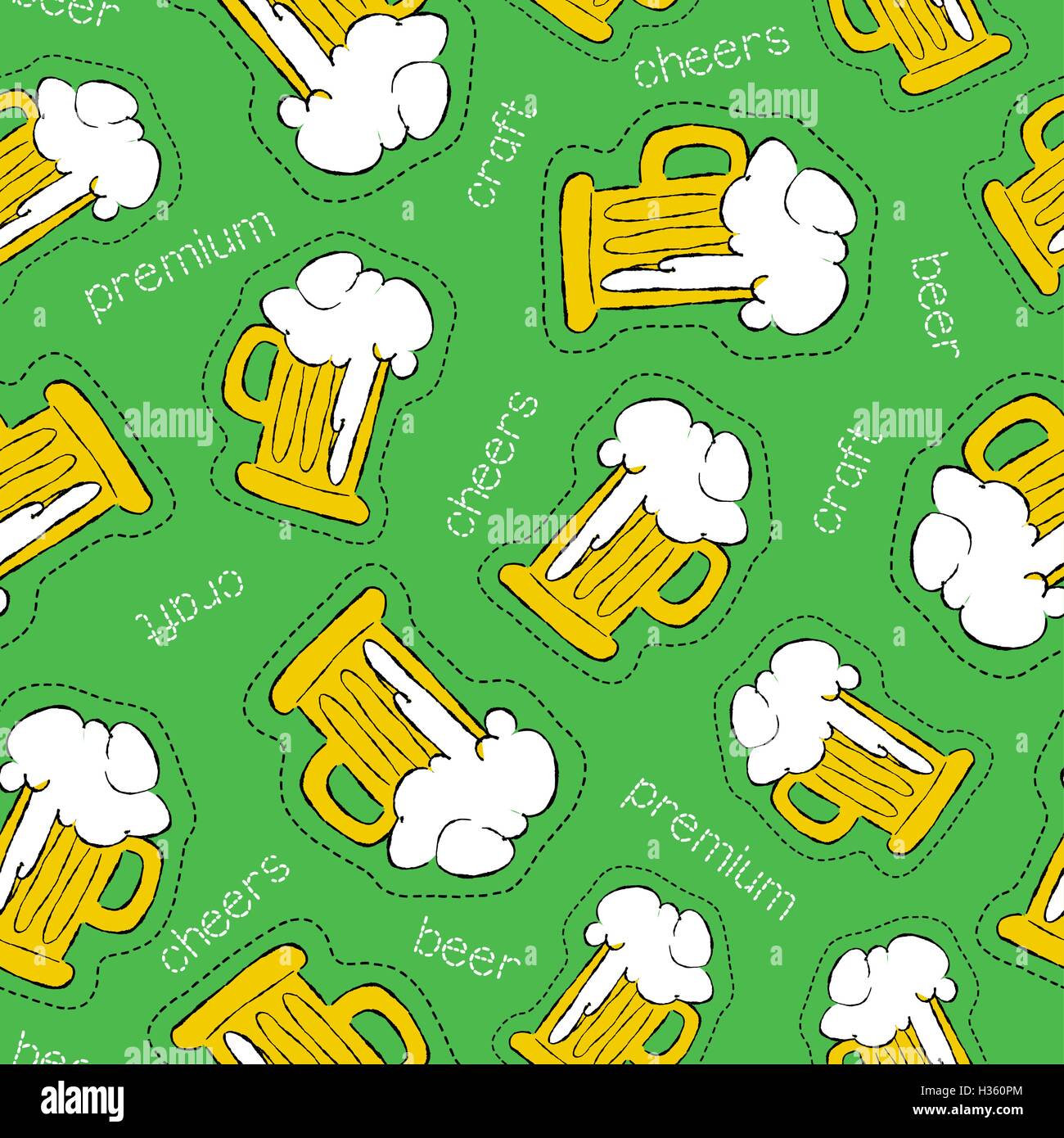 Beer celebration, hand drawn seamless pattern with brewery drink patch ...