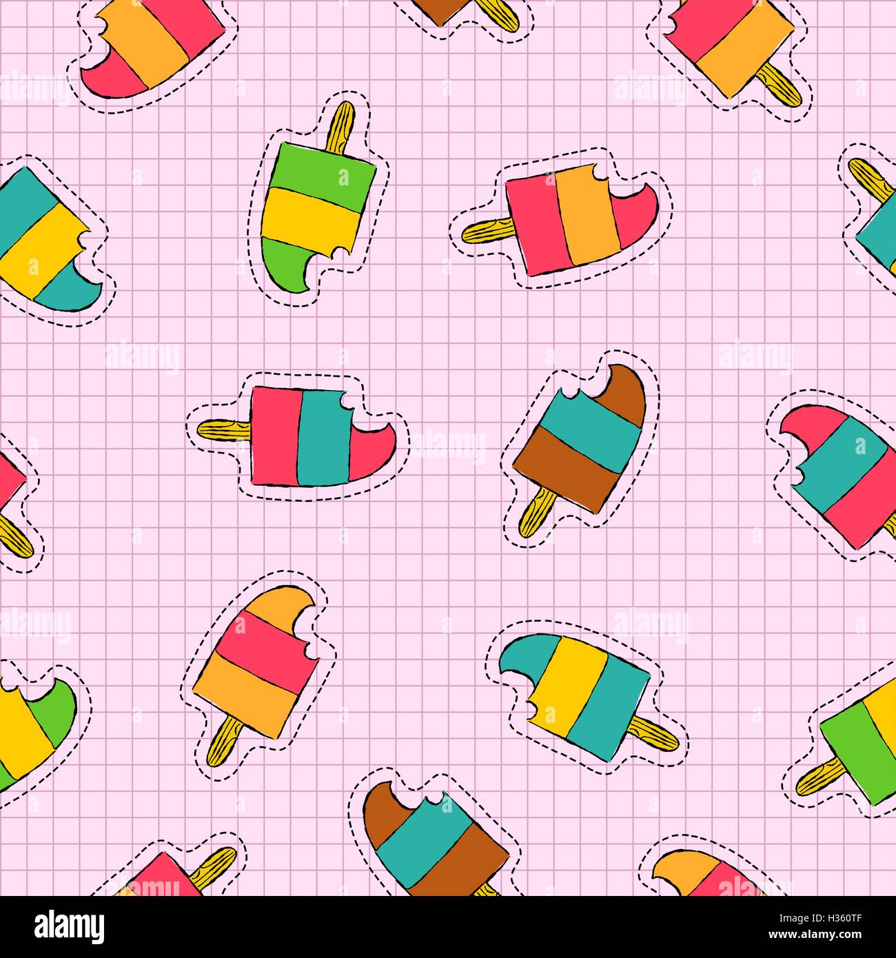 Hand drawn doodle seamless pattern with summer ice cream patch icons ...