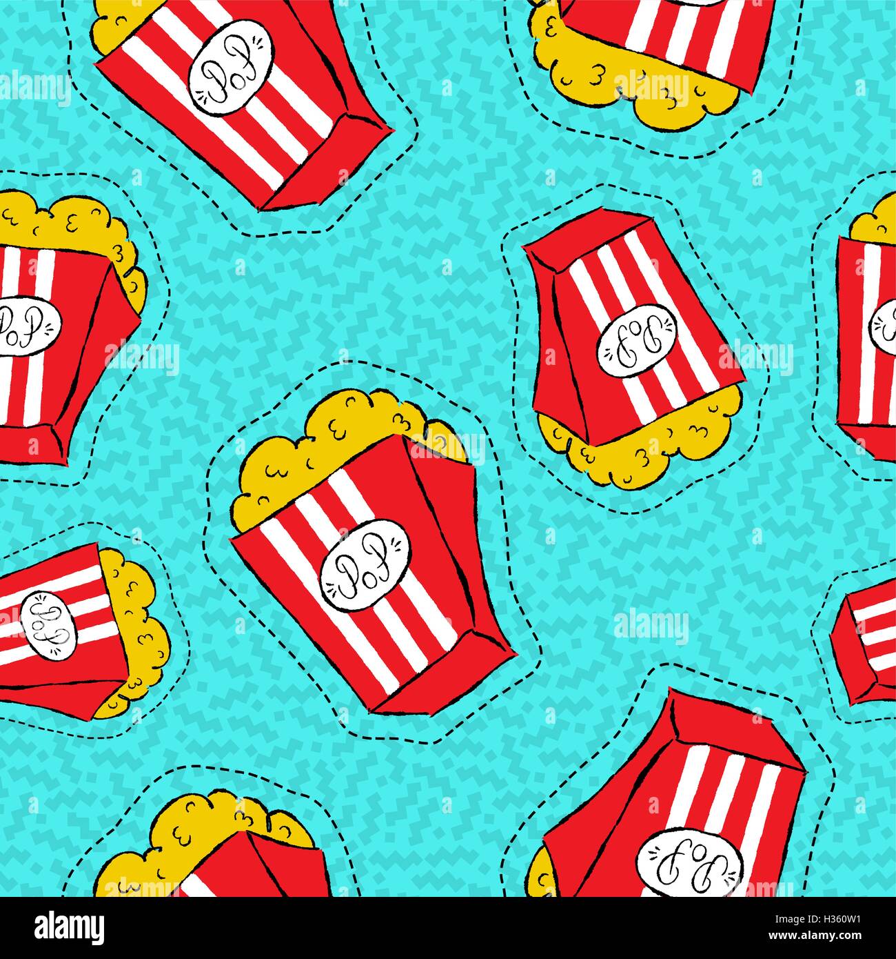 Hand drawn seamless pattern with popcorn bucket stitch patch icons ...