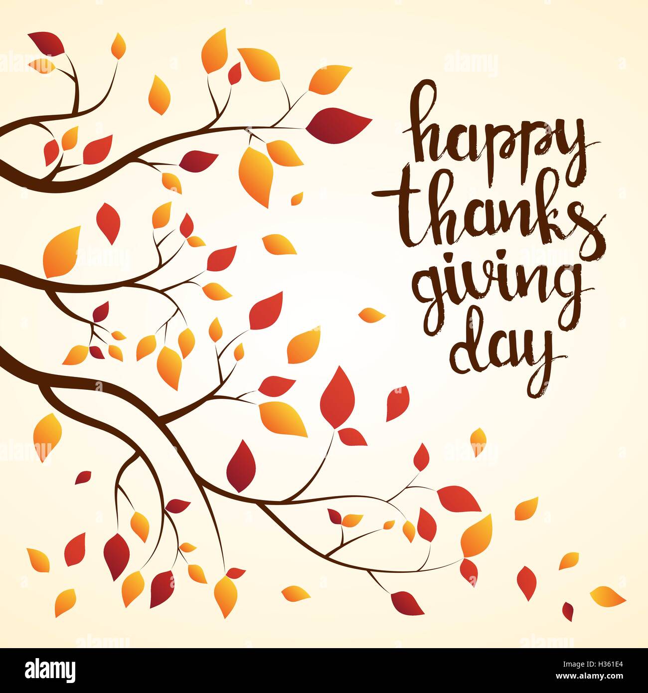 Happy Thanksgiving Day hand drawn lettering. Autumn tree branch with ...