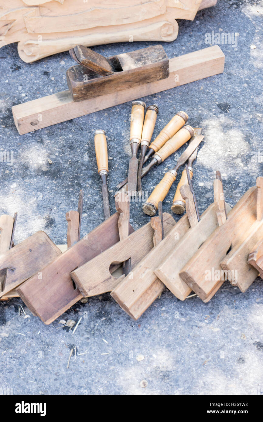 Traditional tools sculptor, wood, hammers and chisels for working stone ...