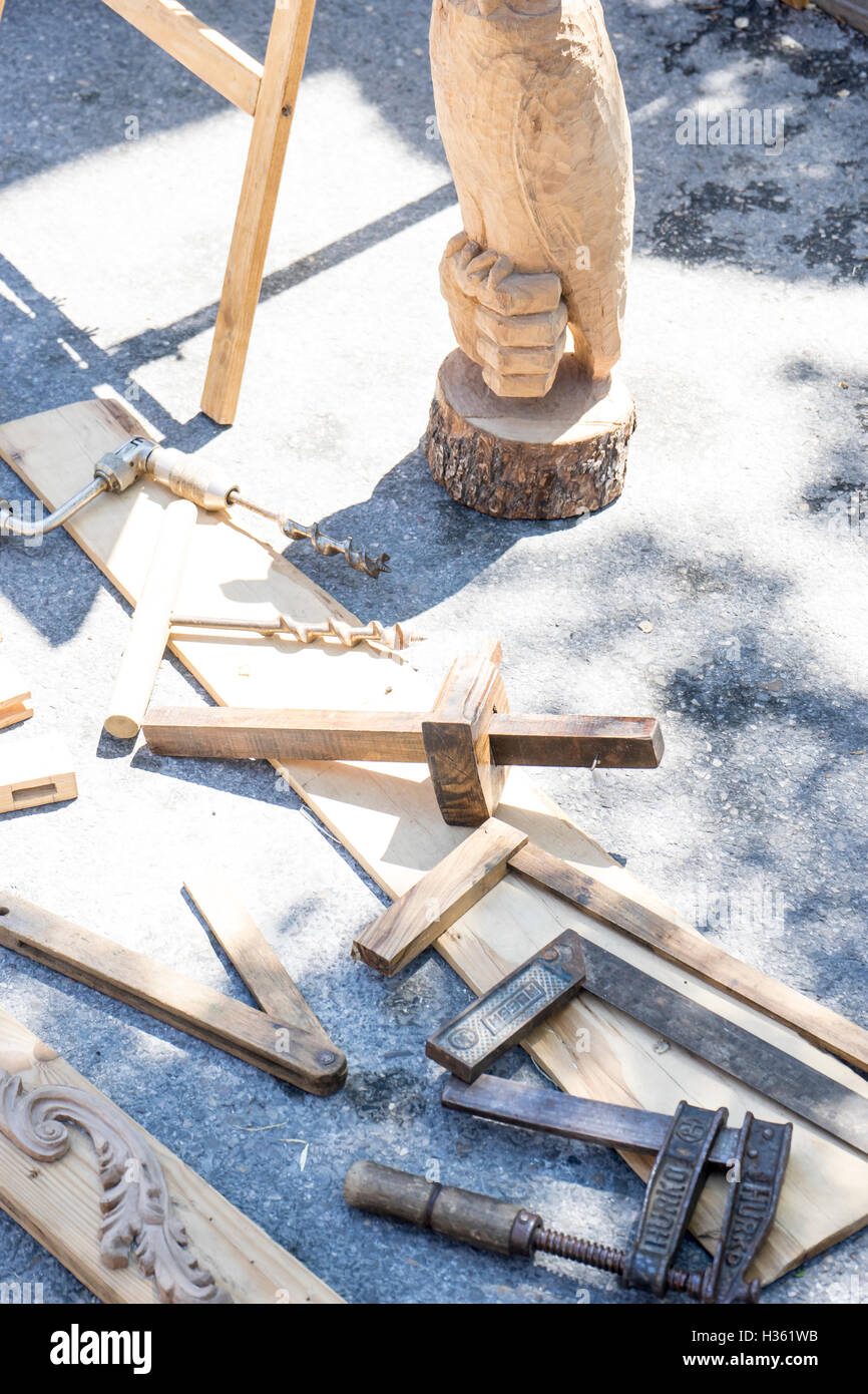 Traditional tools sculptor, wood, hammers and chisels for working stone ...
