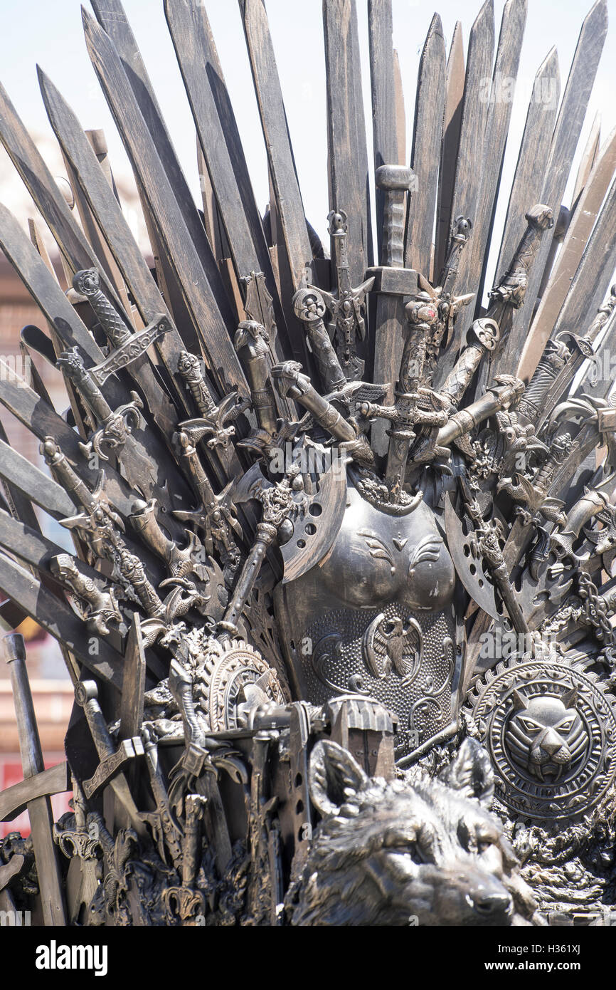 Fantasy, royal throne made of iron swords, seat of the king, symbol of ...