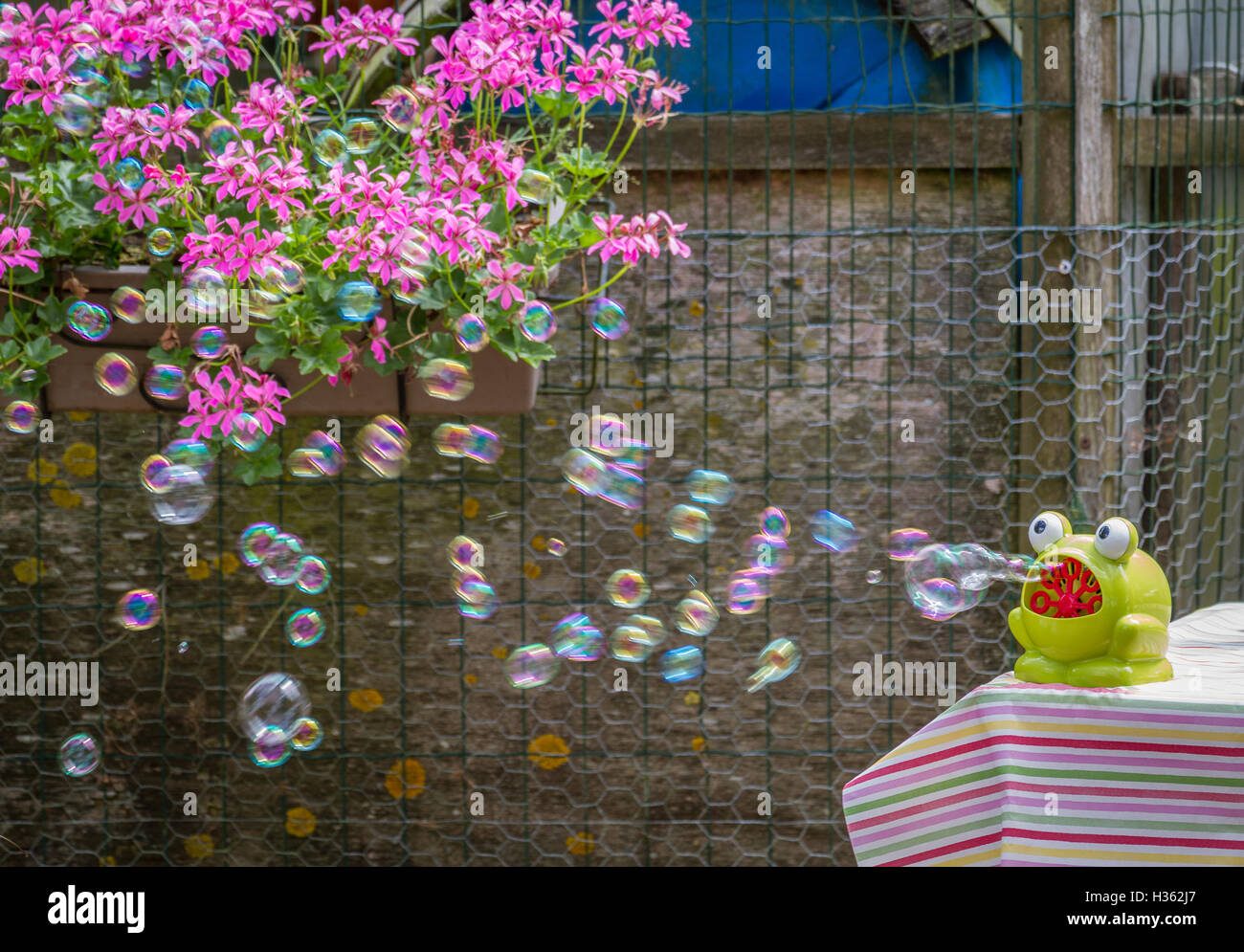 party celebration with fun mechanical frog blowing bubbles Stock Photo ...
