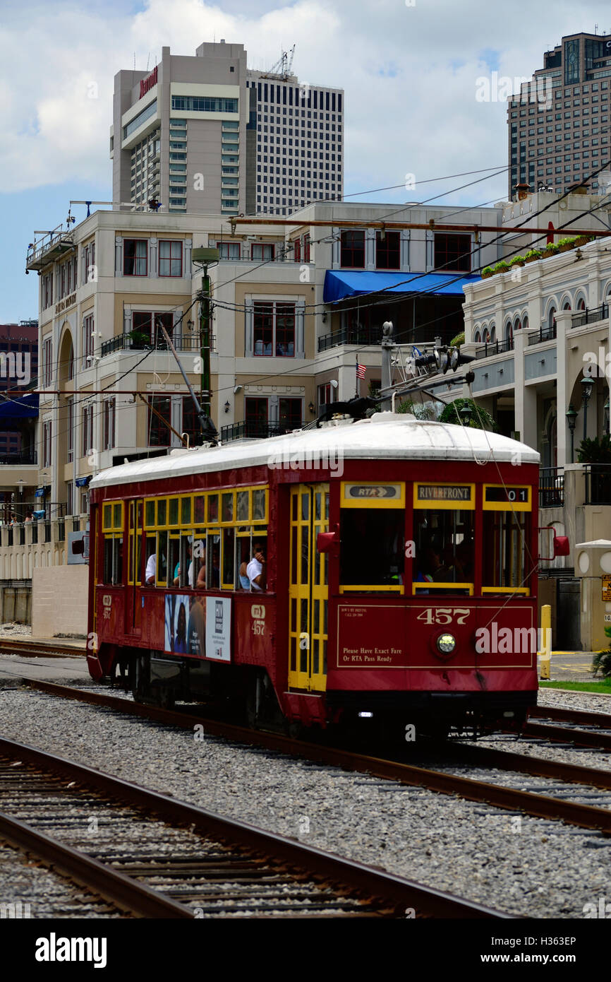 New Orleans Red Streetcar Stock Photo - Alamy
