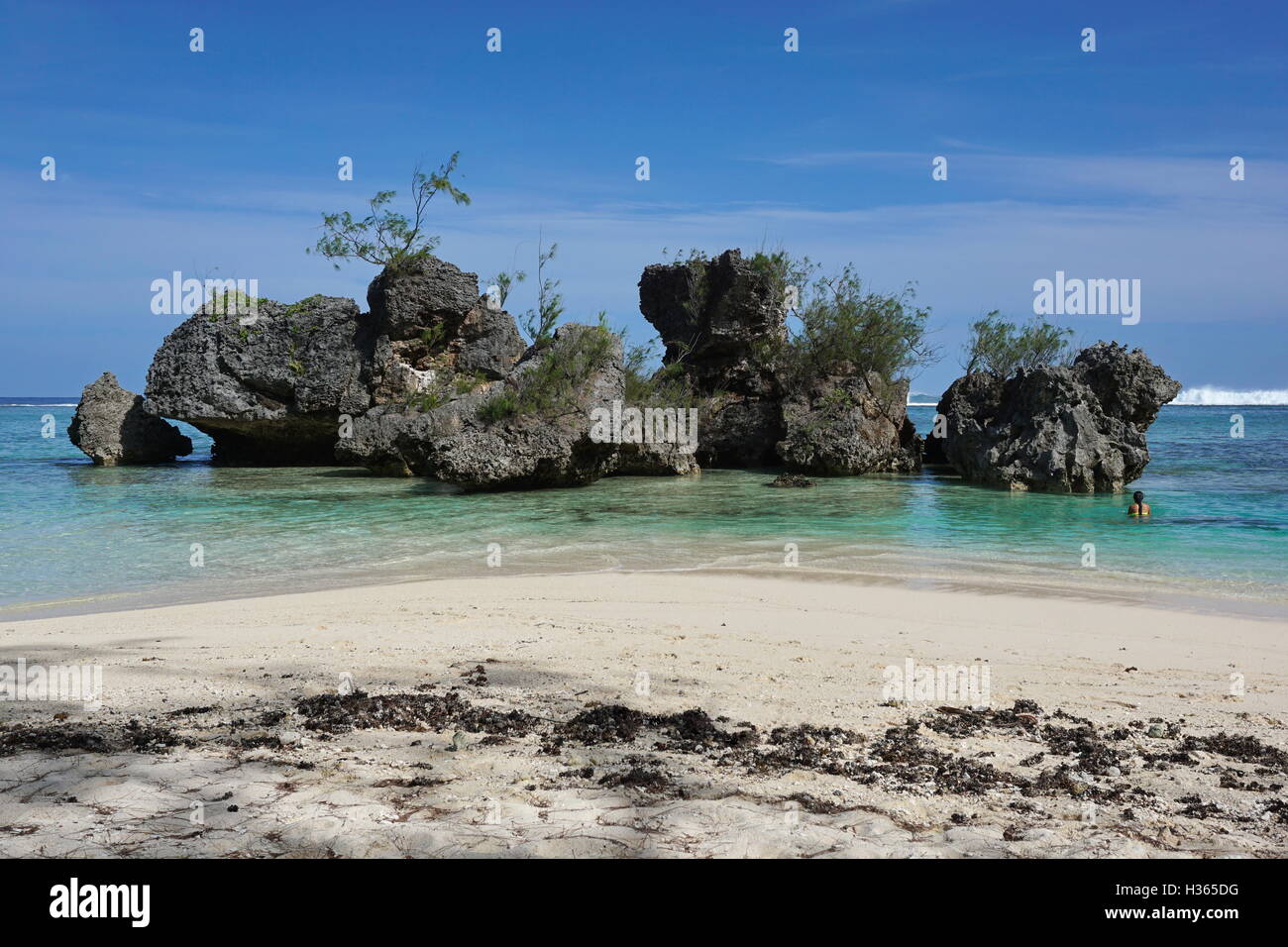 Large eroded limestone rocks in the lagoon close to sandy beach, Rurutu ...