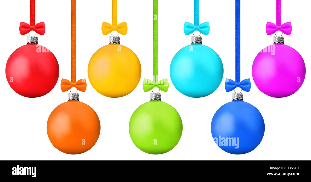 colored сhristmas balls with bow hanging on a ribbon Stock Photo - Alamy