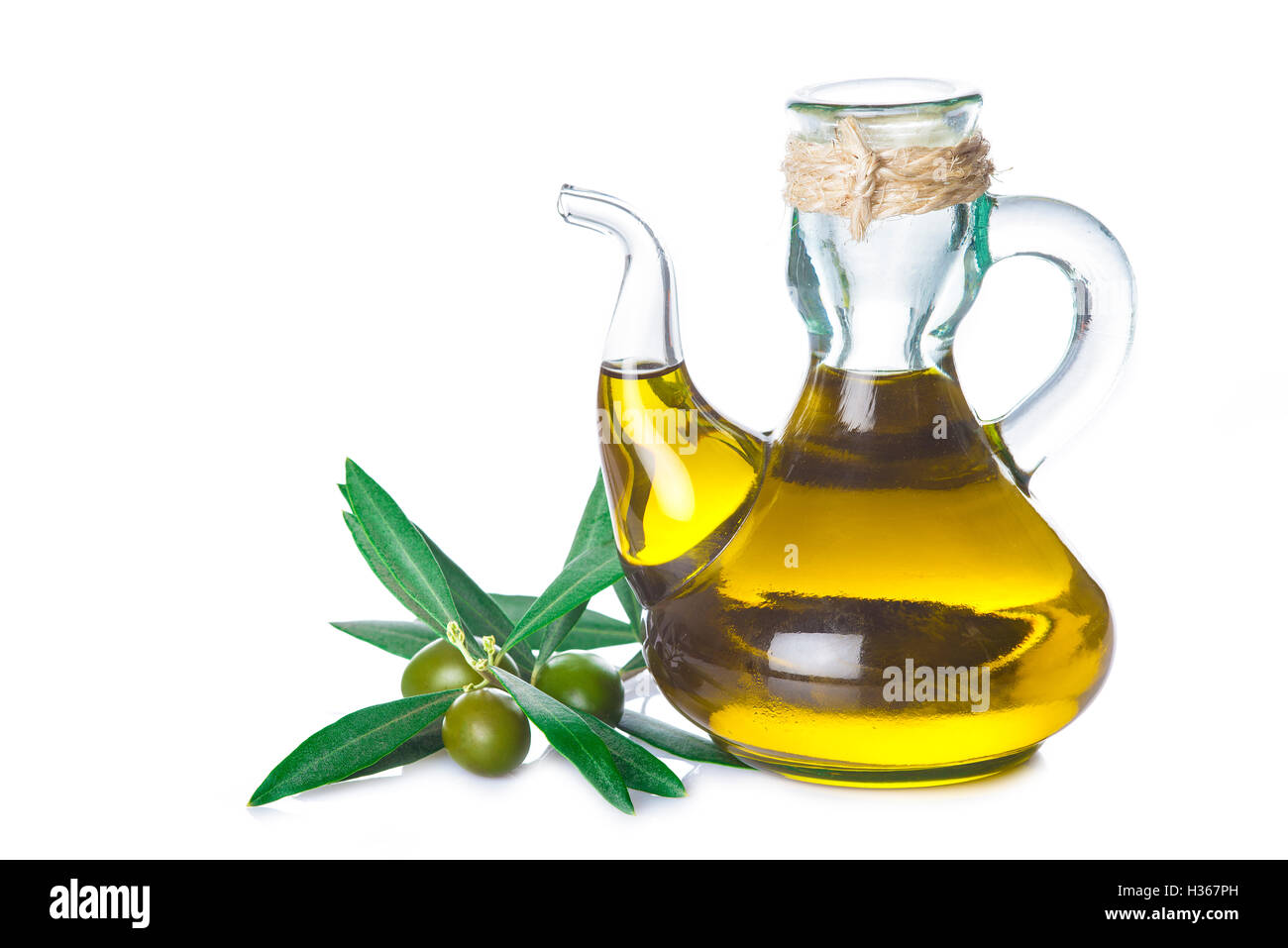 Extra virgin olive oil bottle with a rope tied around its neck isolated ...