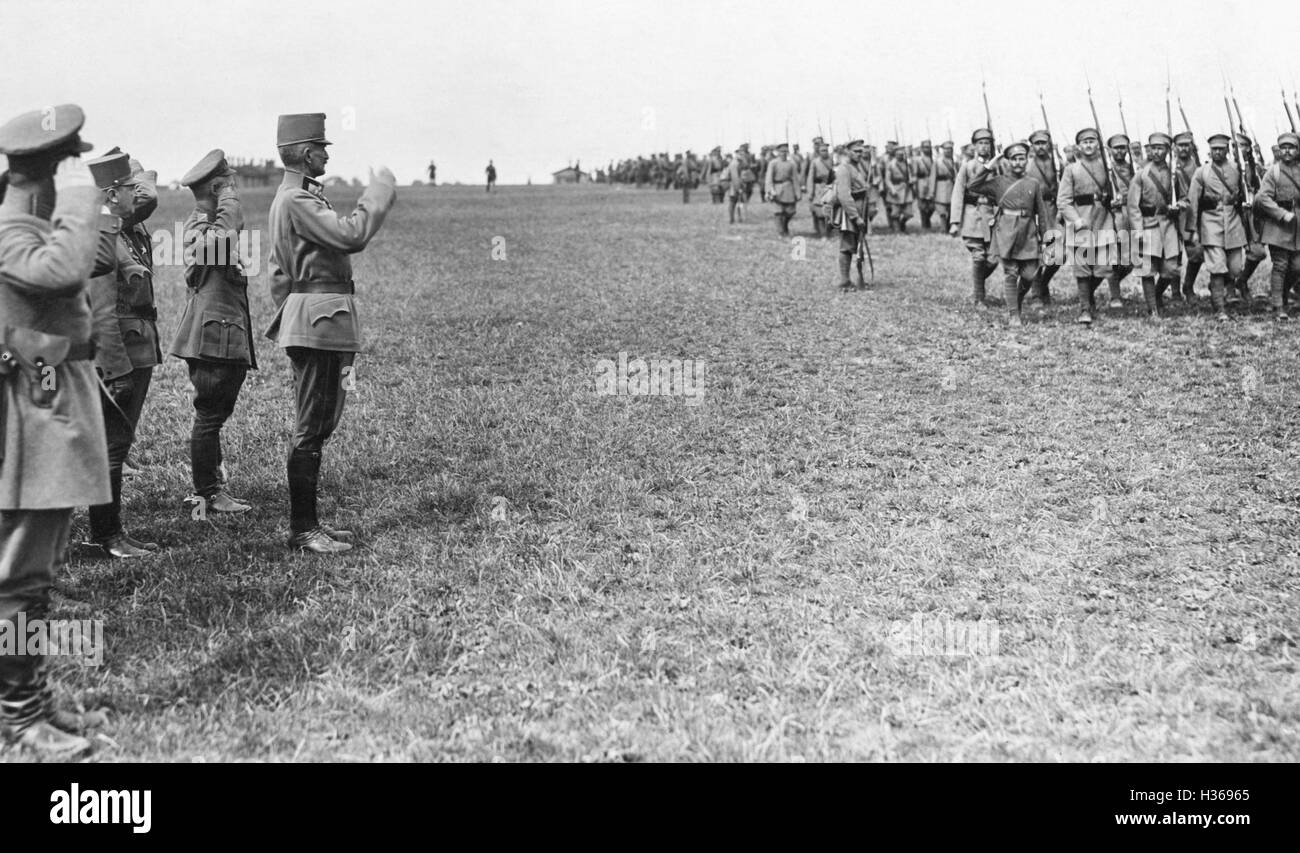 Parade of Ukrainian troops in front of Austrian officers, 1918 Stock ...