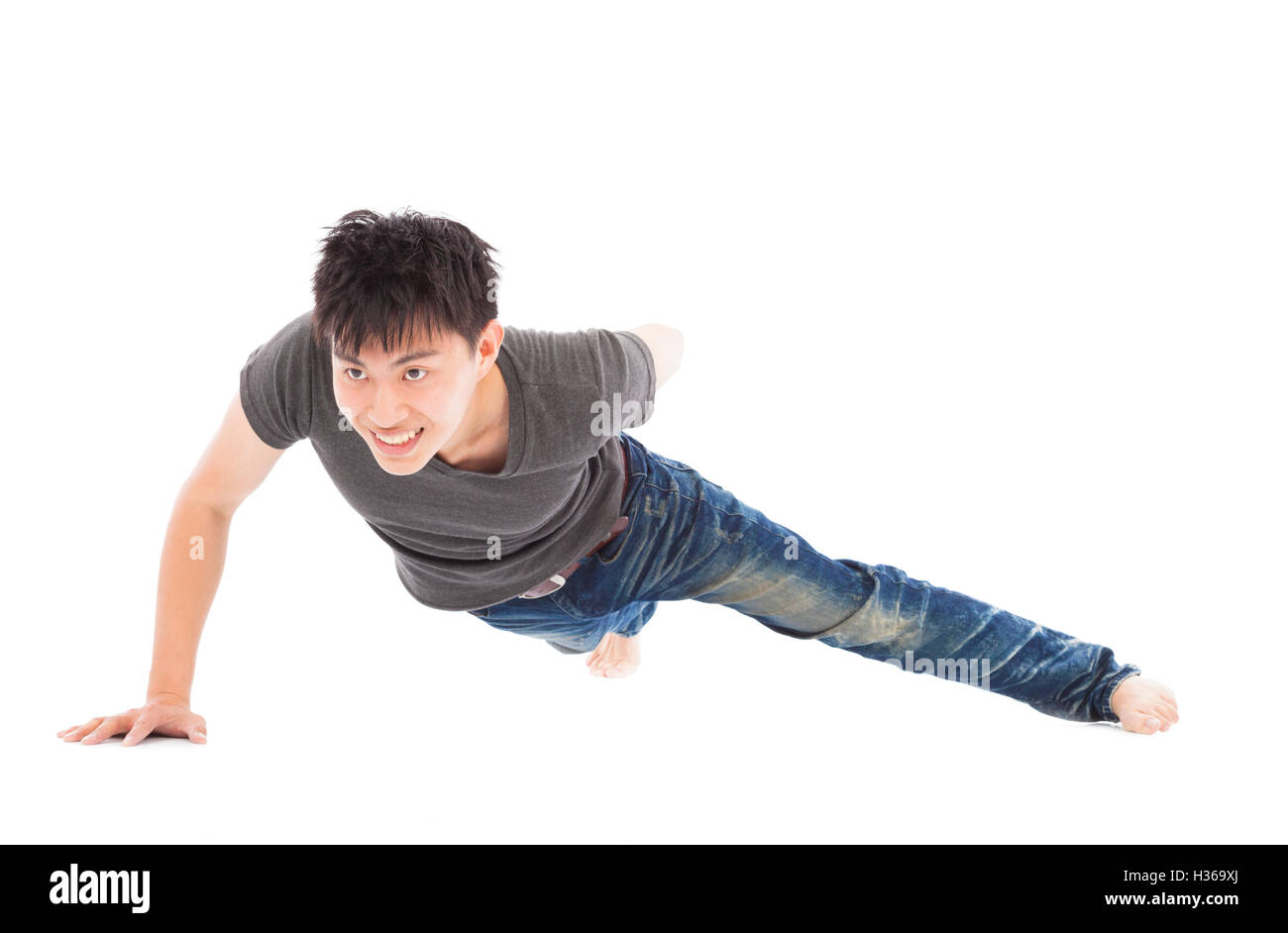 confident young man make push-ups by single hand Stock Photo - Alamy