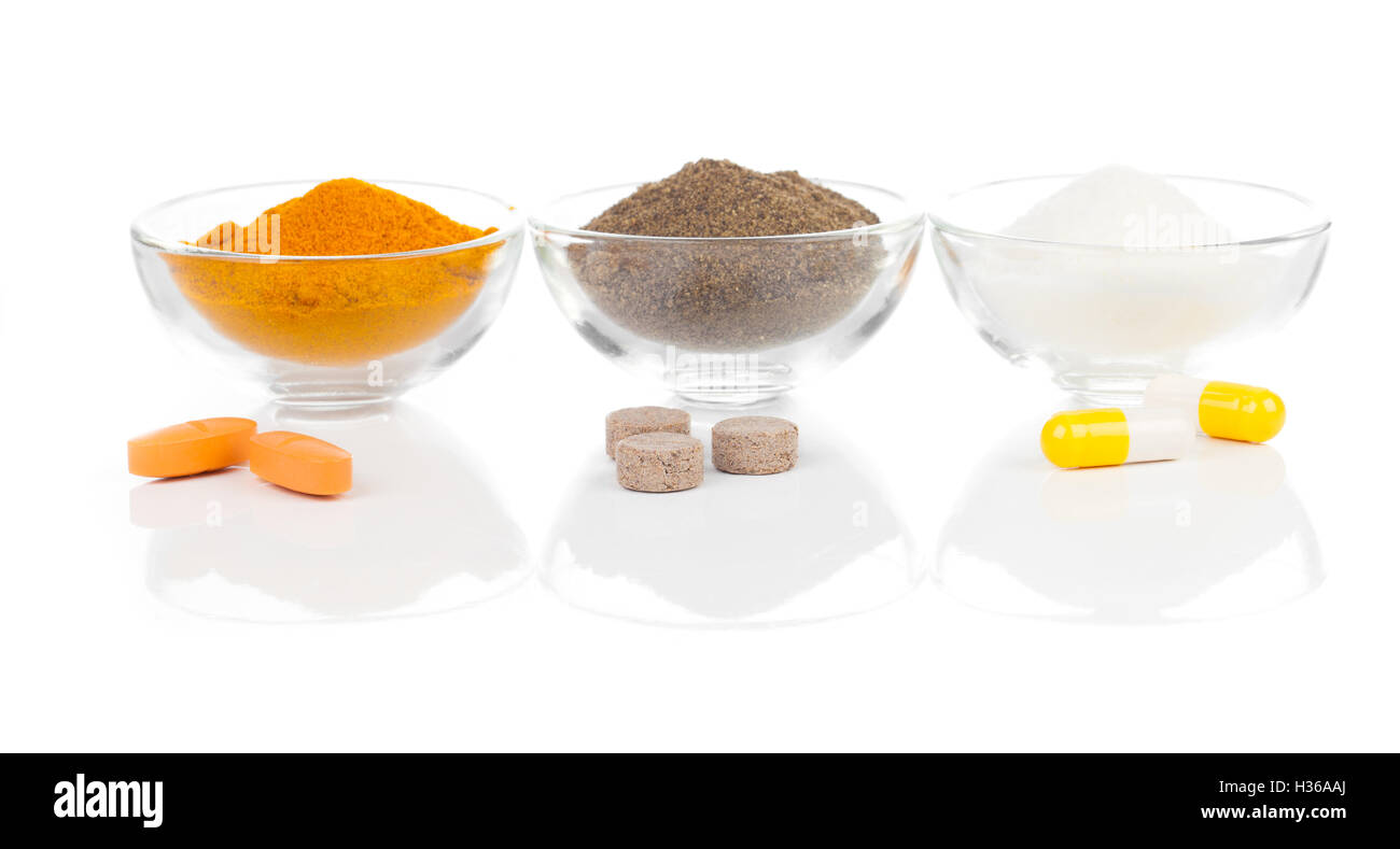 pills and powder on a white background Stock Photo - Alamy