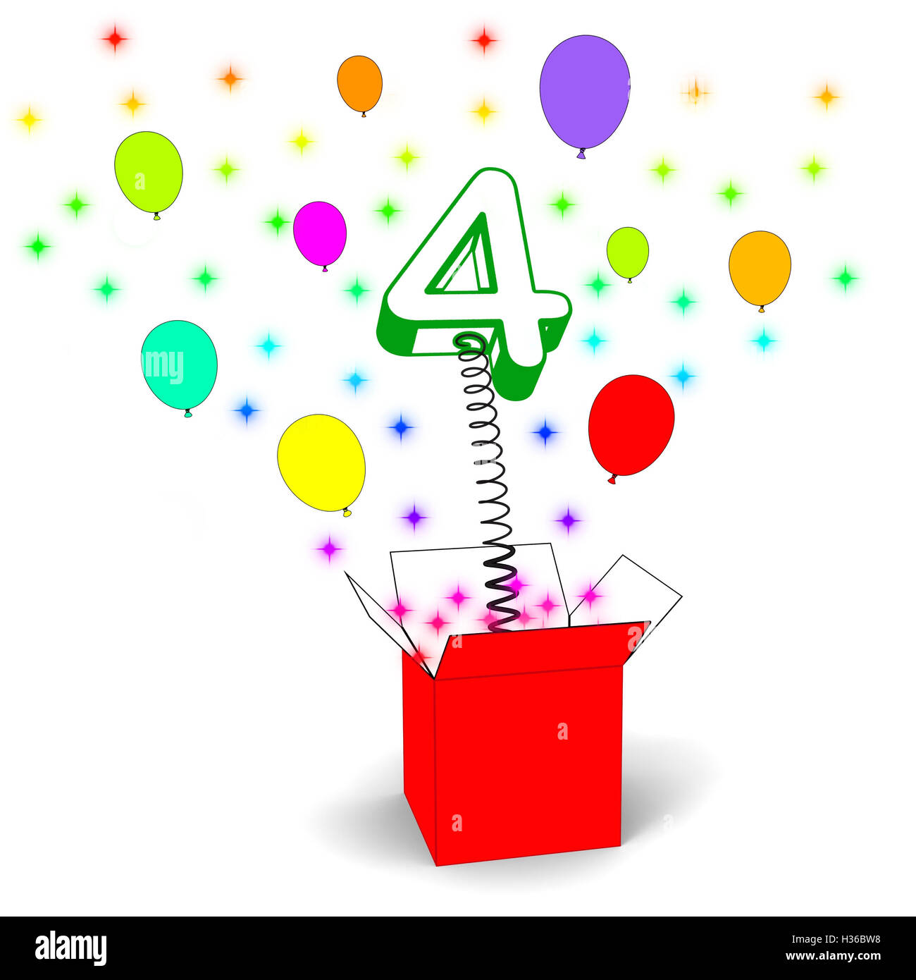 Number Four Surprise Box Shows Sparkling Confetti And Colourful Stock ...
