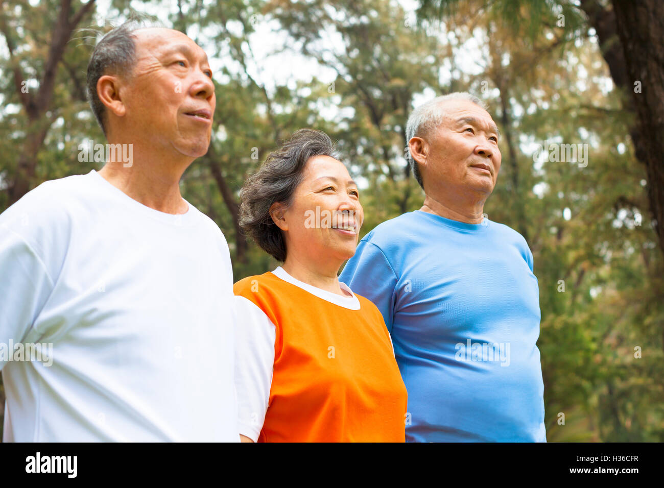 happy senior sibling standing a row in park Stock Photo - Alamy