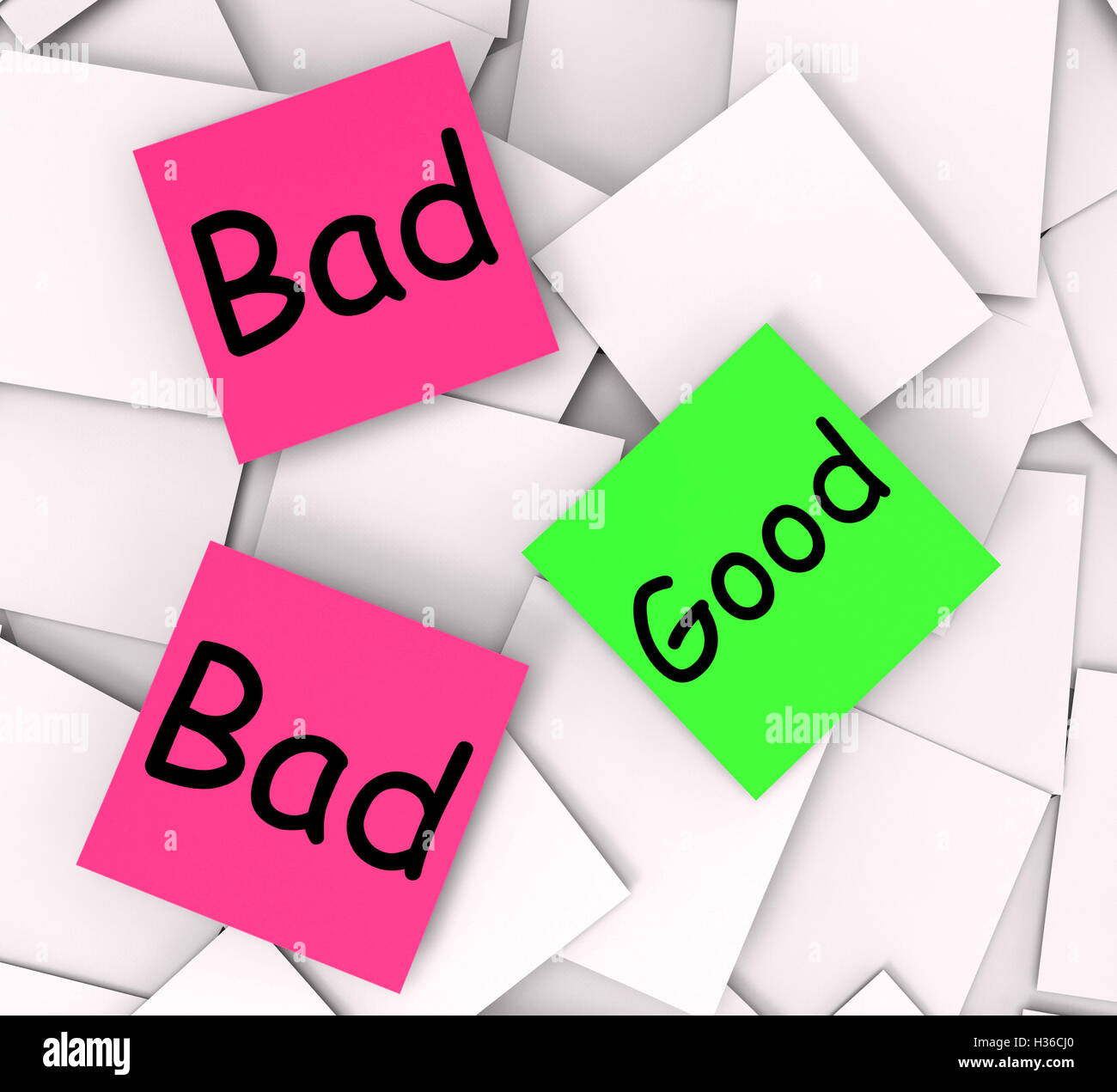 Good Bad Post-It Notes Show Satisfying Or Awful Stock Photo - Alamy