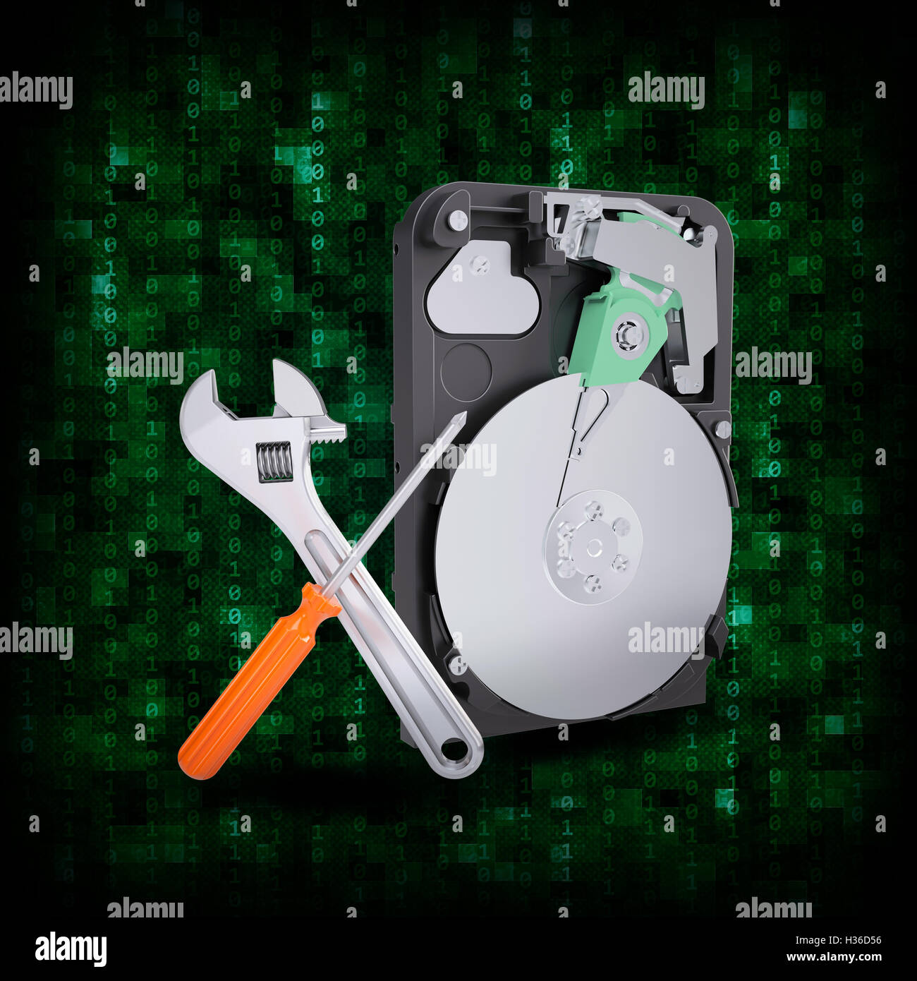 HDD with magnifying glass and adjustable wrench Stock Photo - Alamy