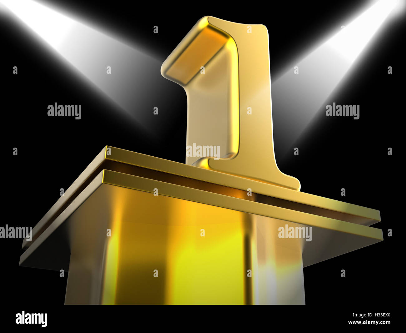 Golden One On Pedestal Shows First Prize Or Victory Stock Photo - Alamy