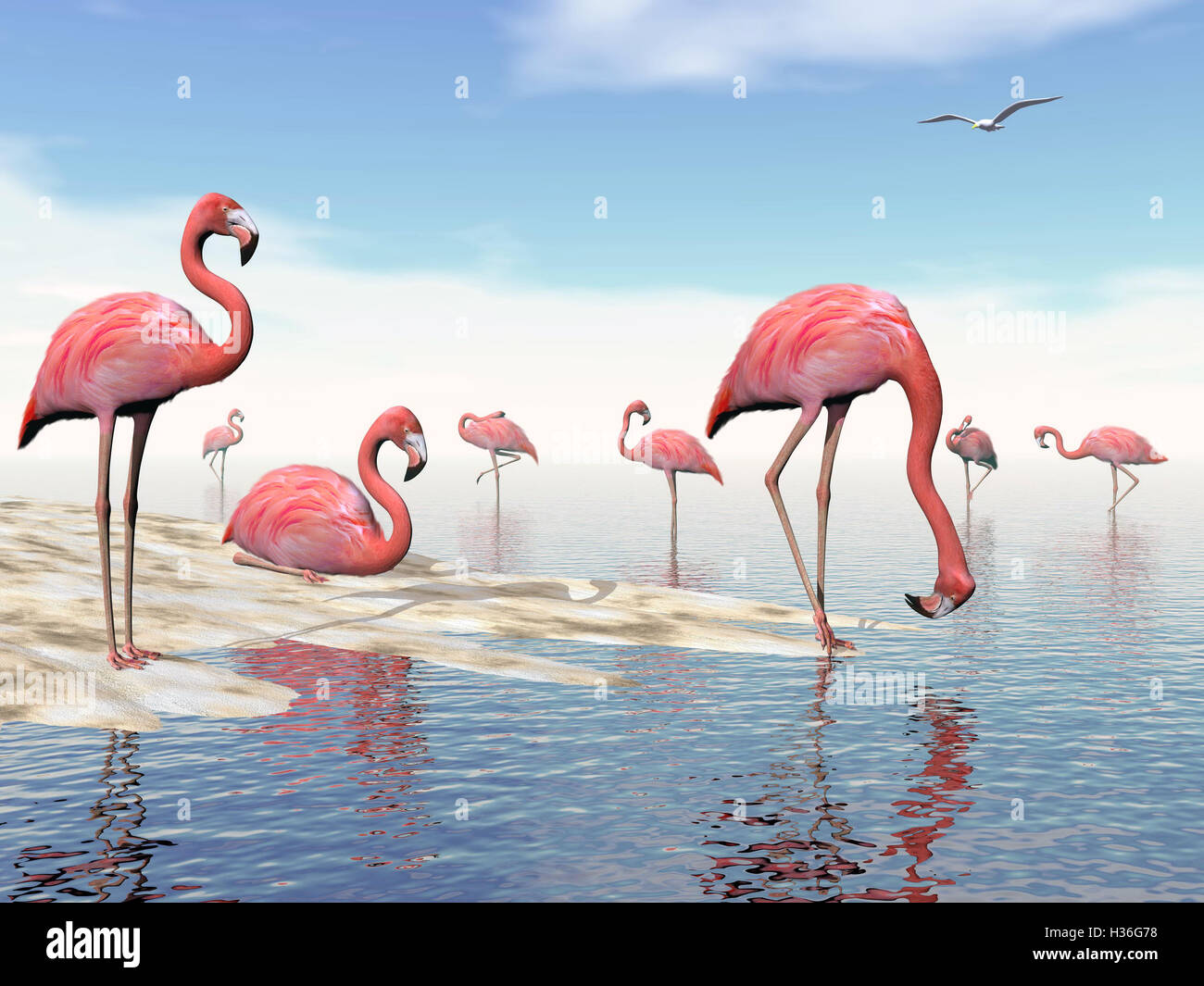 Flock of pink flamingos - 3D render Stock Photo - Alamy