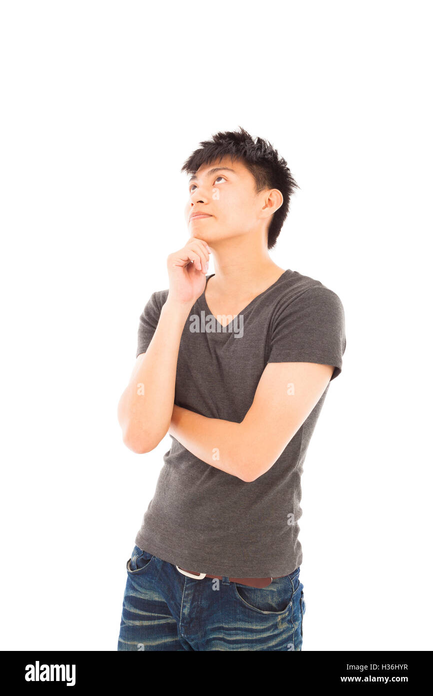 young man thinking or doubt on a white background Stock Photo - Alamy