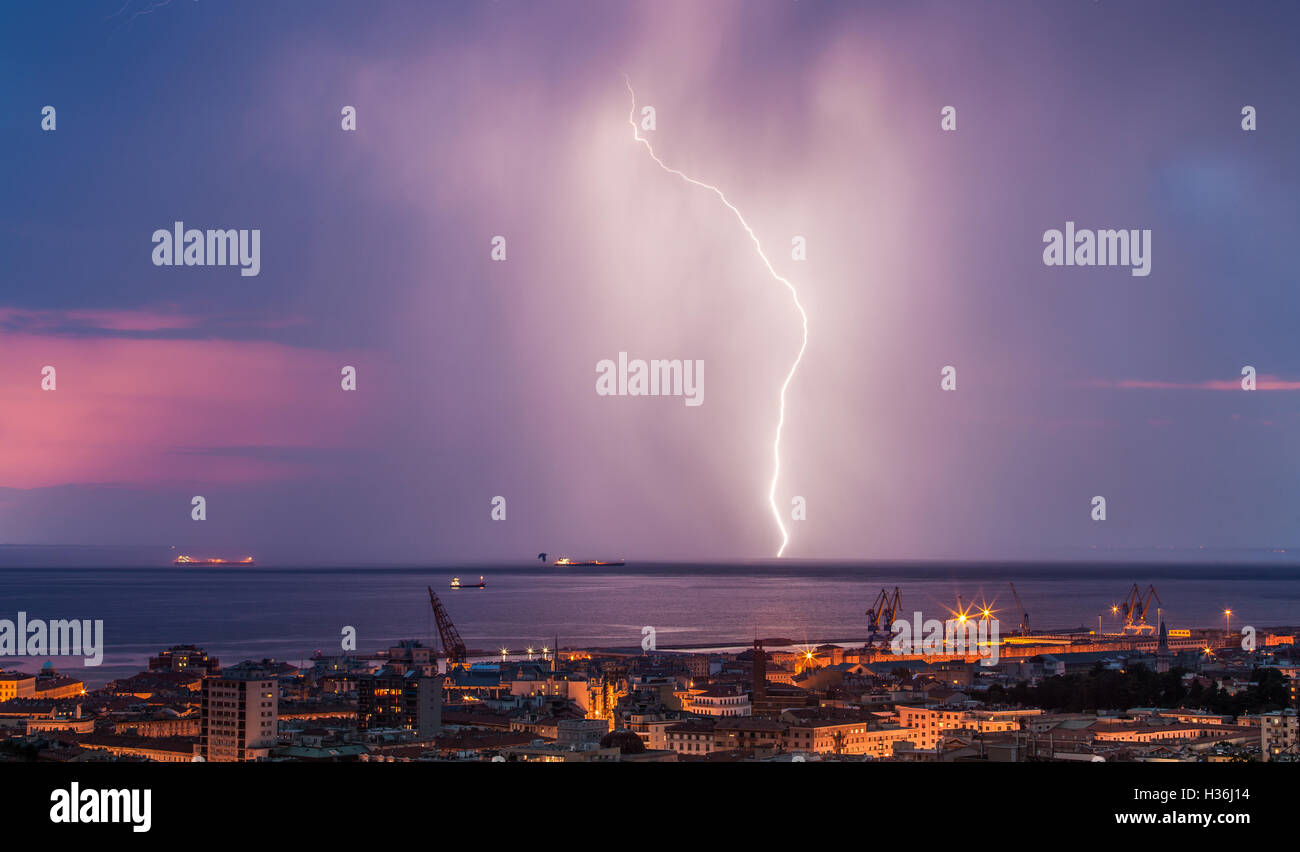 Massive cloud to ground lightning bolts hitting the horizon of city ...