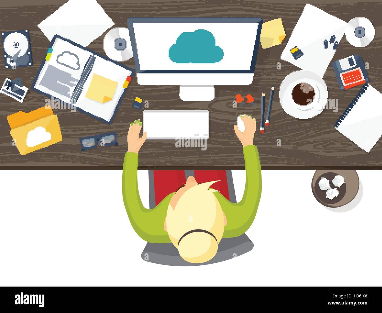 Vector illustration. Workplace, table with documents, computer. Flat cloud computing background ...