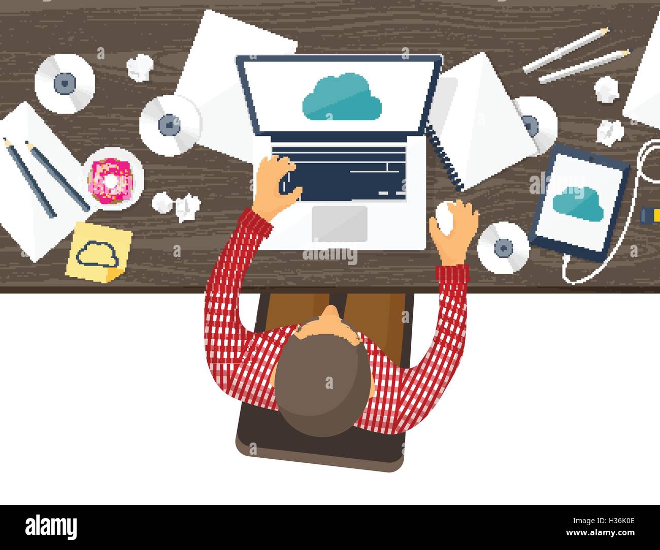 Vector illustration. Workplace, table with documents, computer. Flat cloud computing background ...