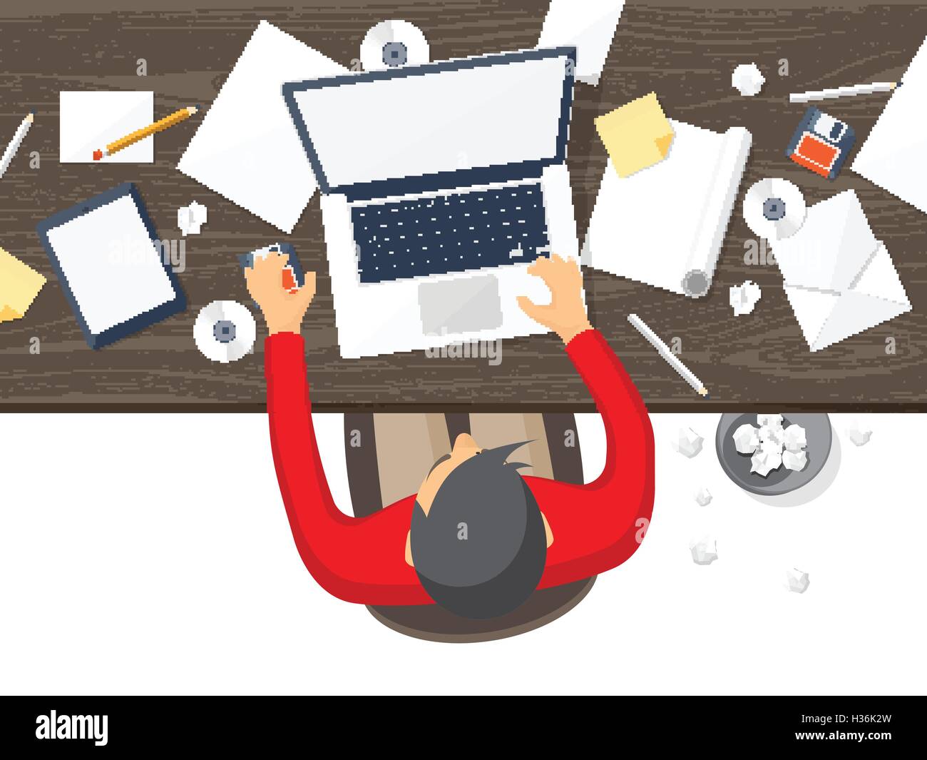 Workplace with table and computer. Laptop,documents,papers,notepad ...