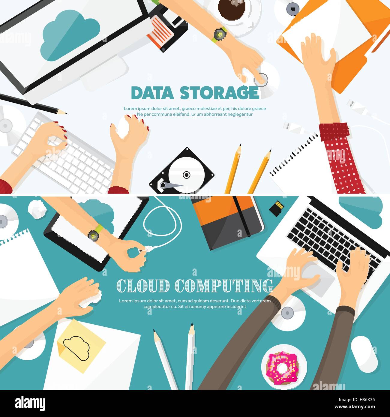 Vector illustration. Workplace, table with documents, computer. Flat cloud computing background ...