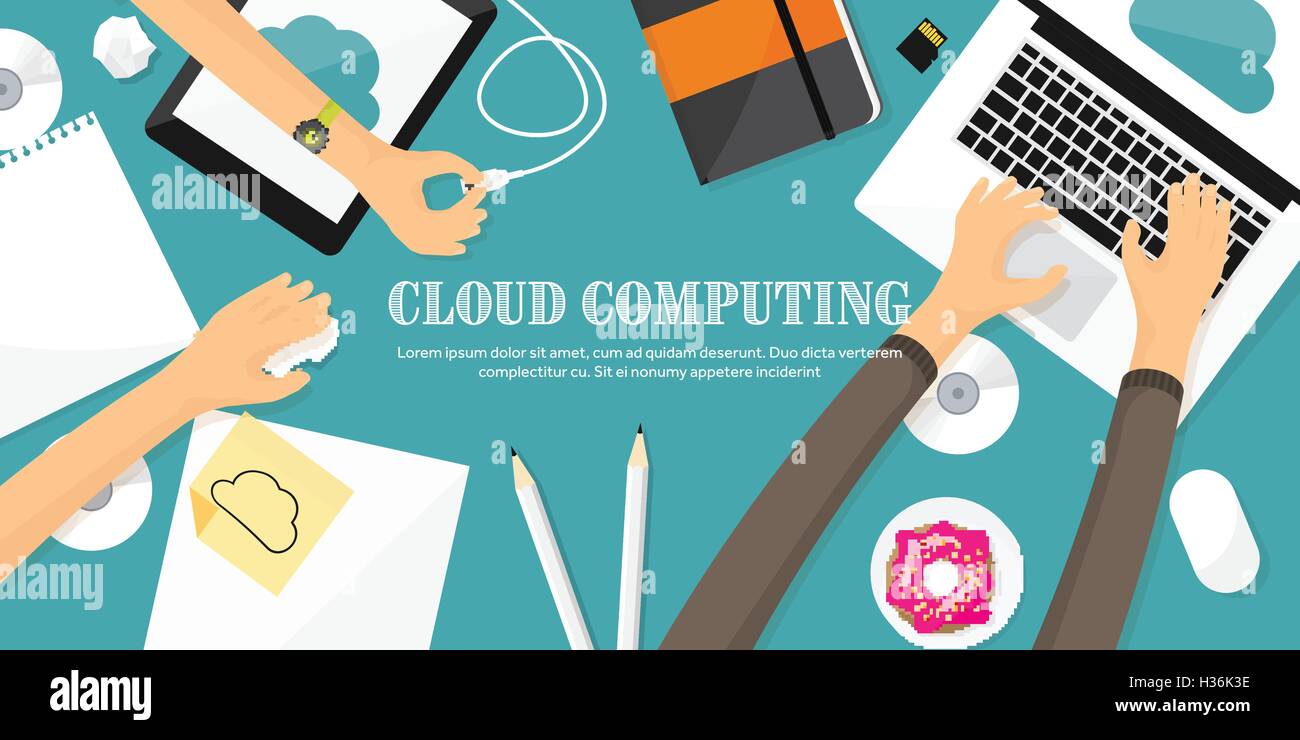 Vector illustration. Workplace, table with documents, computer. Flat cloud computing background ...