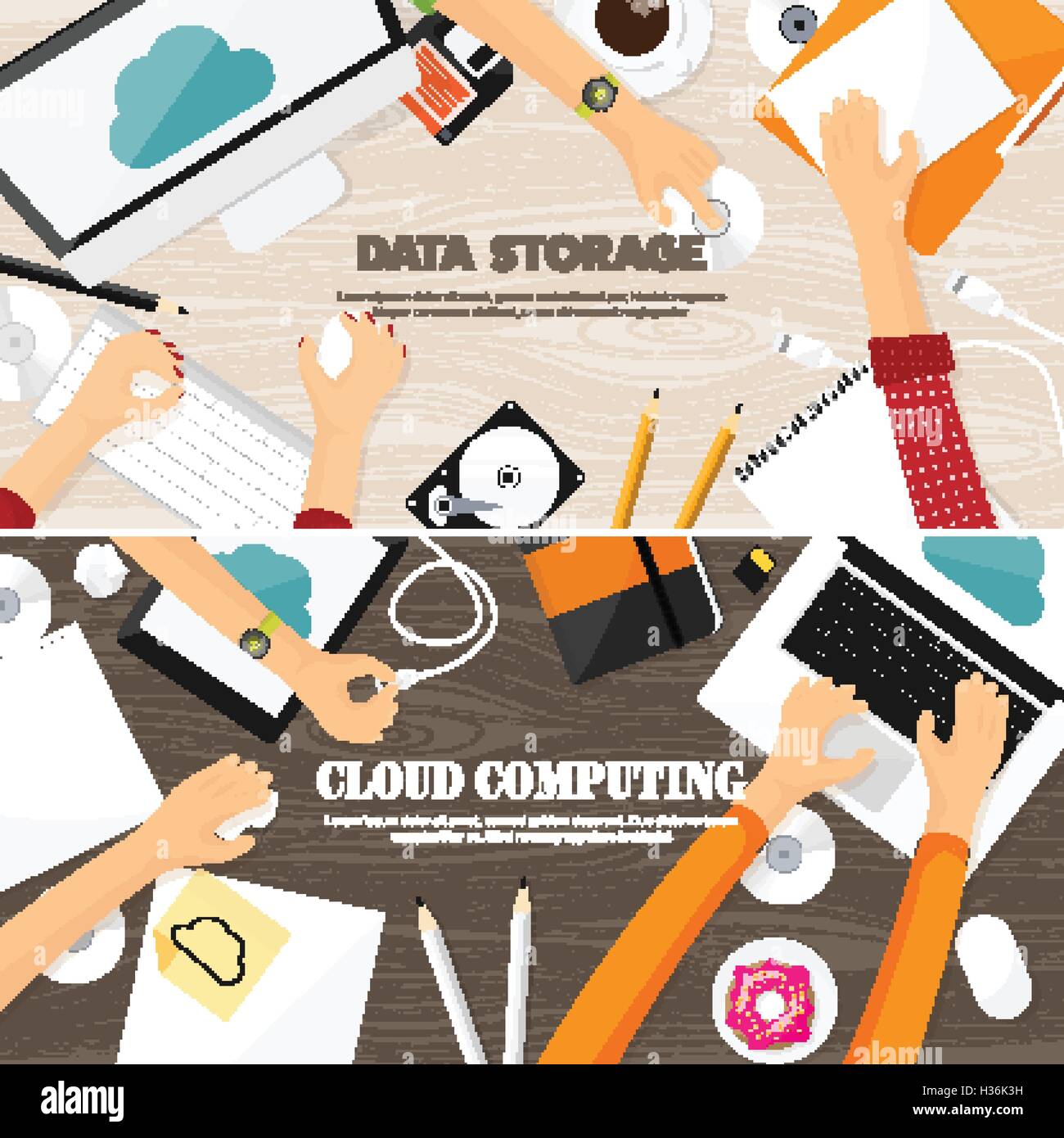 Vector illustration. Workplace, table with documents, computer. Flat cloud computing background ...