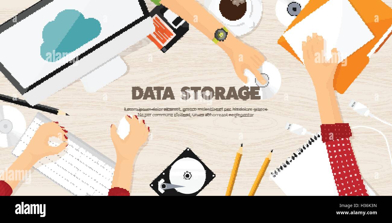 Vector illustration. Workplace, table with documents, computer. Flat cloud computing background ...