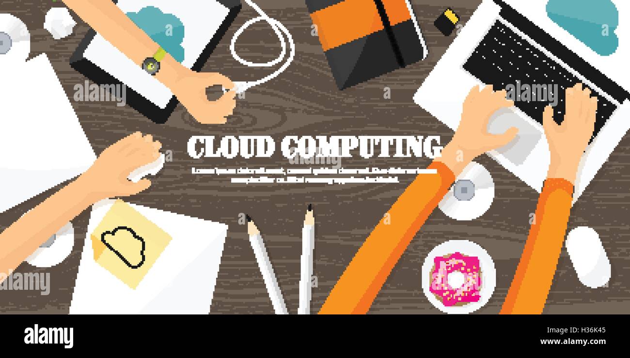 Vector illustration. Workplace, table with documents, computer. Flat cloud computing background ...