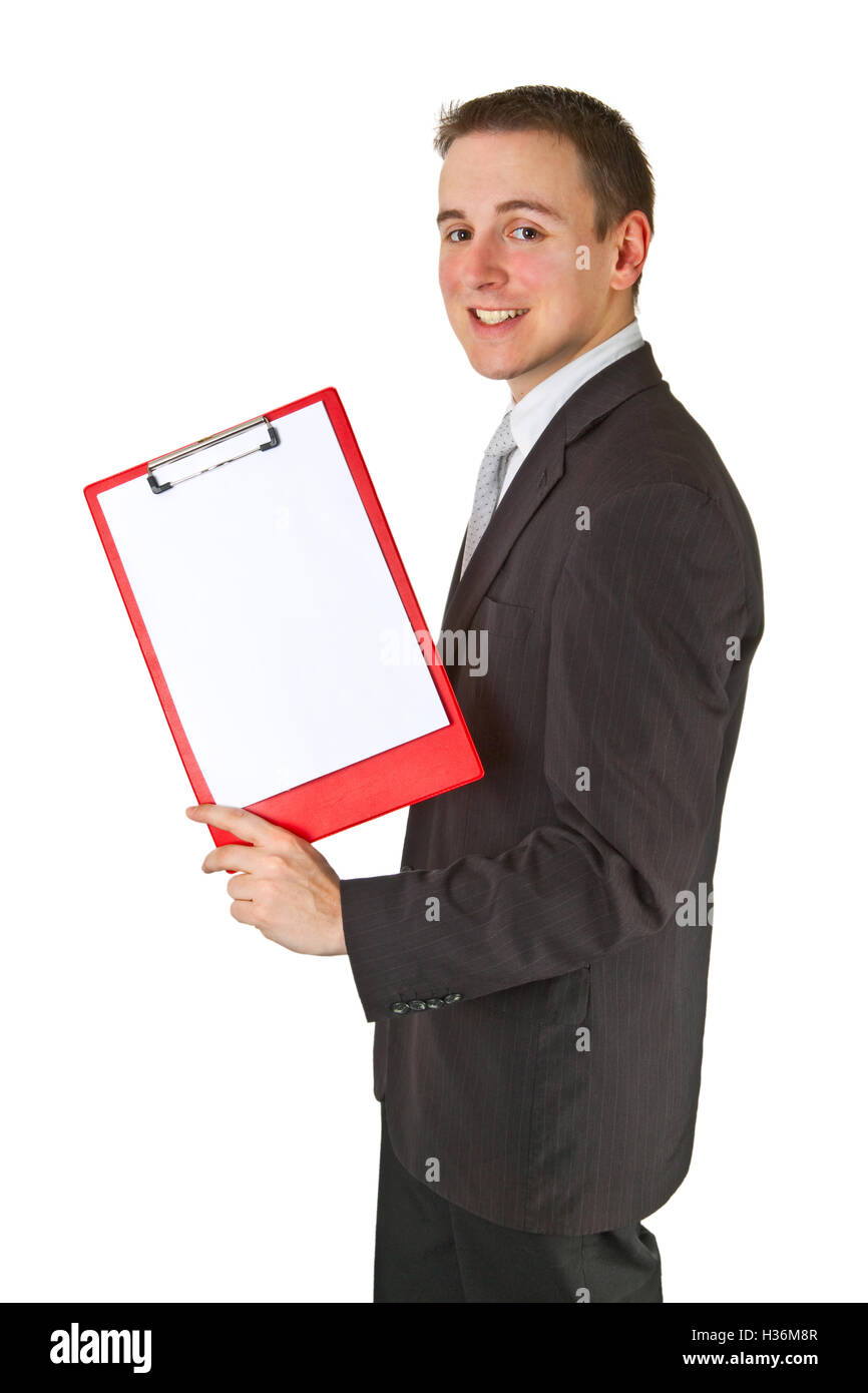 Businessman with clipboard isolated on white background Stock Photo - Alamy