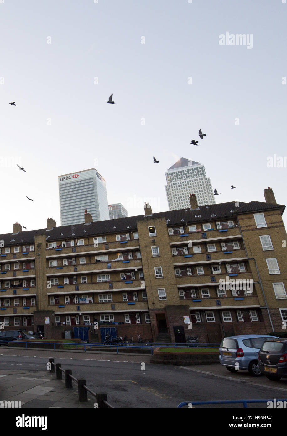 A Tower Hamlets estate is pictured with HSBC & No.1 Canada Square ...