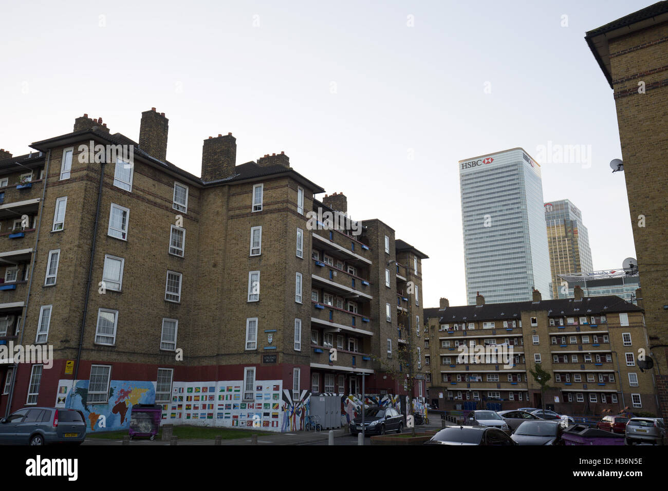 A Tower Hamlets estate is pictured with HSBC & No.1 Canada Square ...