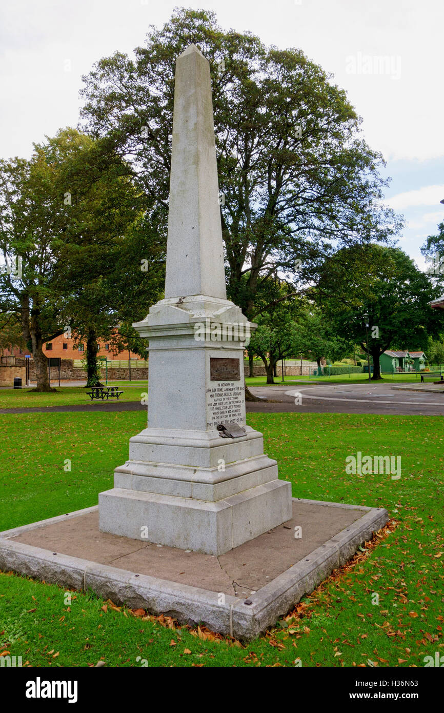 Memorial in Dock Park, Dumfries, of John Law Hume and Thomas Mullin who went down with the ...