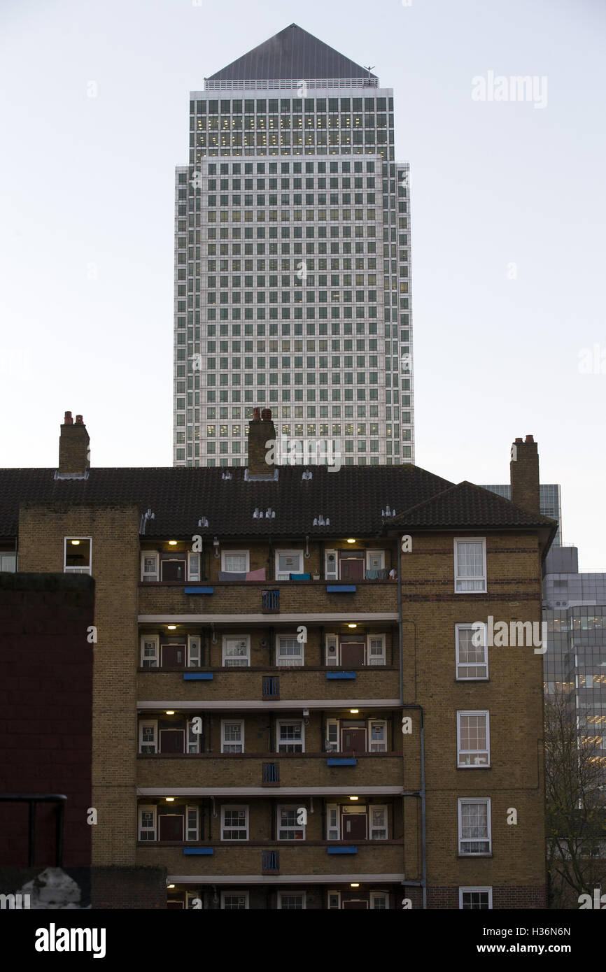 A housing estate in Tower Hamlets is pictured with No.1 Canada Square ...