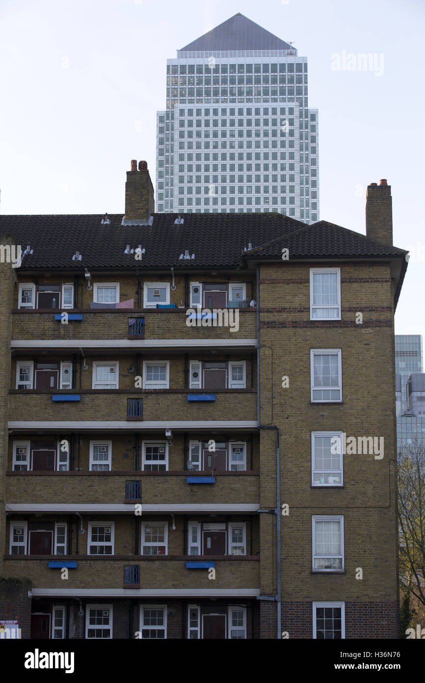 A Tower Hamlets estate is pictured with No.1 Canada Square tower of ...