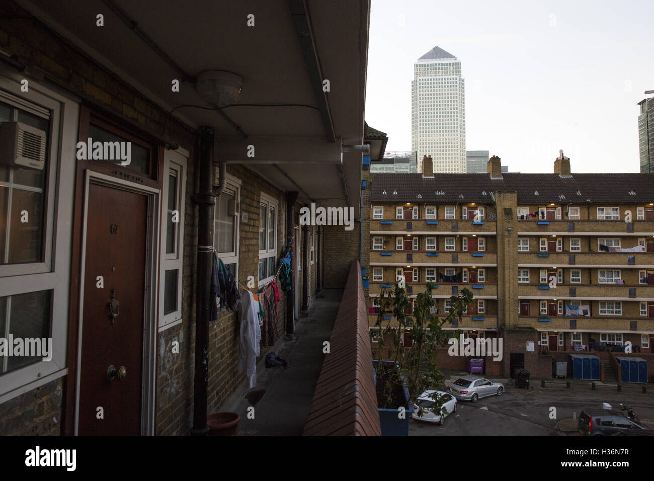 A housing estate in Tower Hamlets is pictured with No.1 Canada Square ...