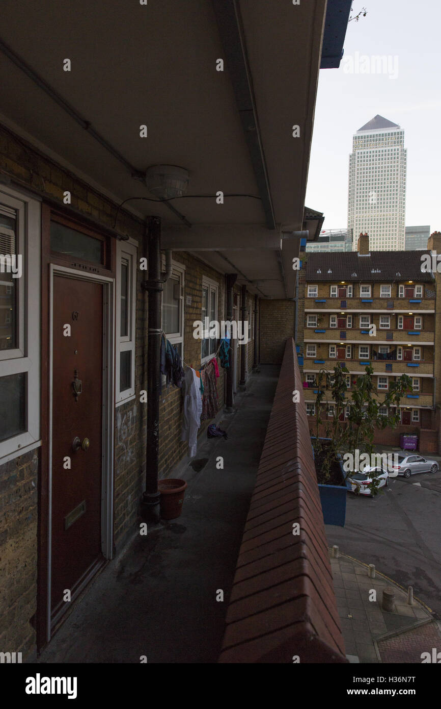 A housing estate in Tower Hamlets is pictured with No.1 Canada Square ...