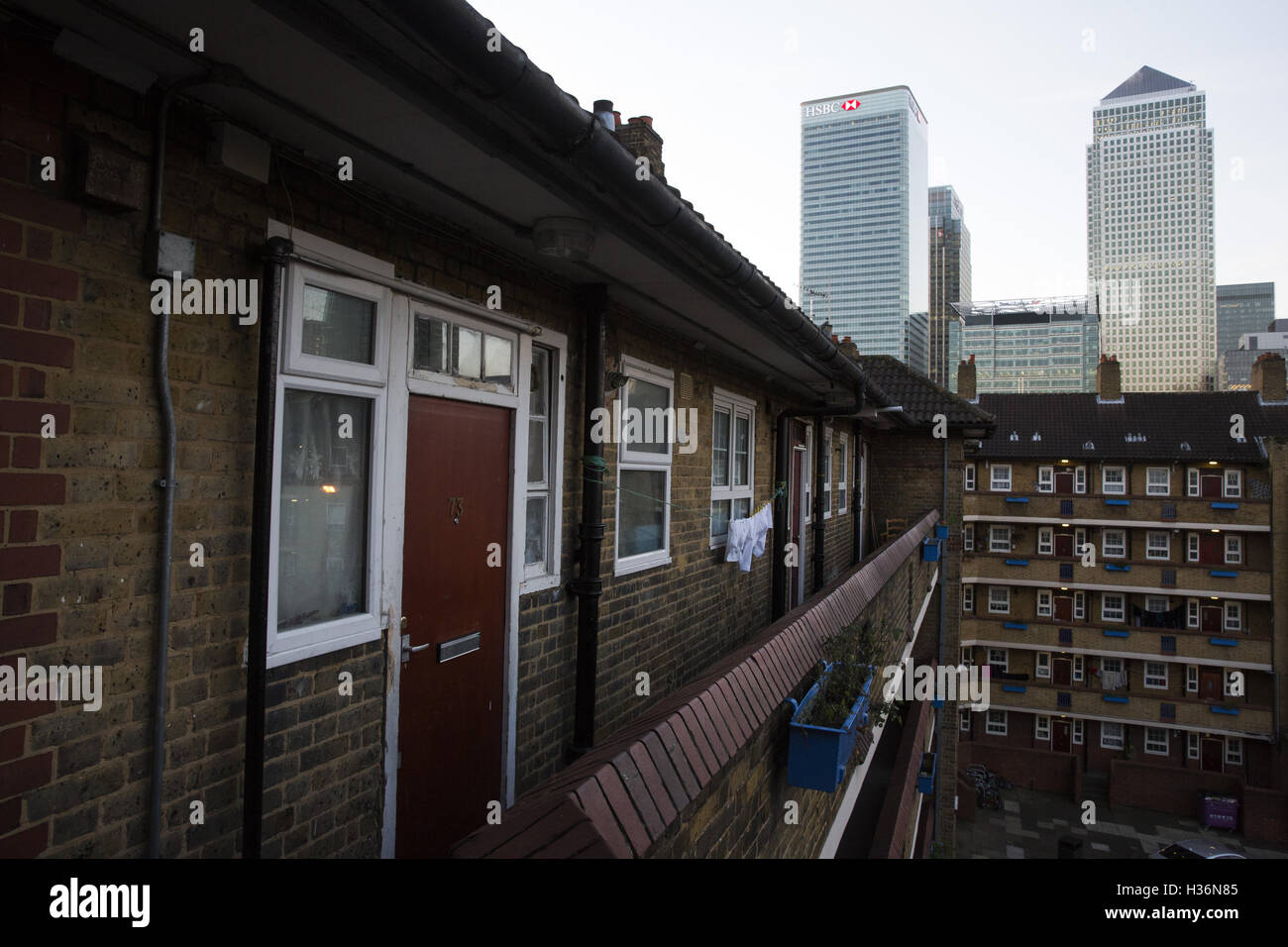 A Tower Hamlets estate is pictured with HSBC & No.1 Canada Square ...
