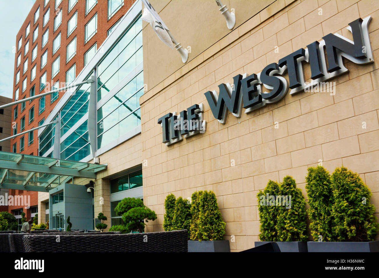 Exterior of the Westin Hotel, a modern glass, brick & stone building on ...