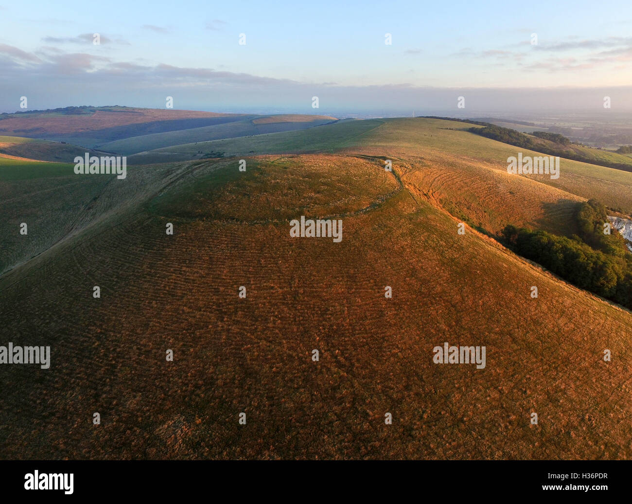 Mount Caburn, site of an iron age fort near Lewes, in the South Downs ...
