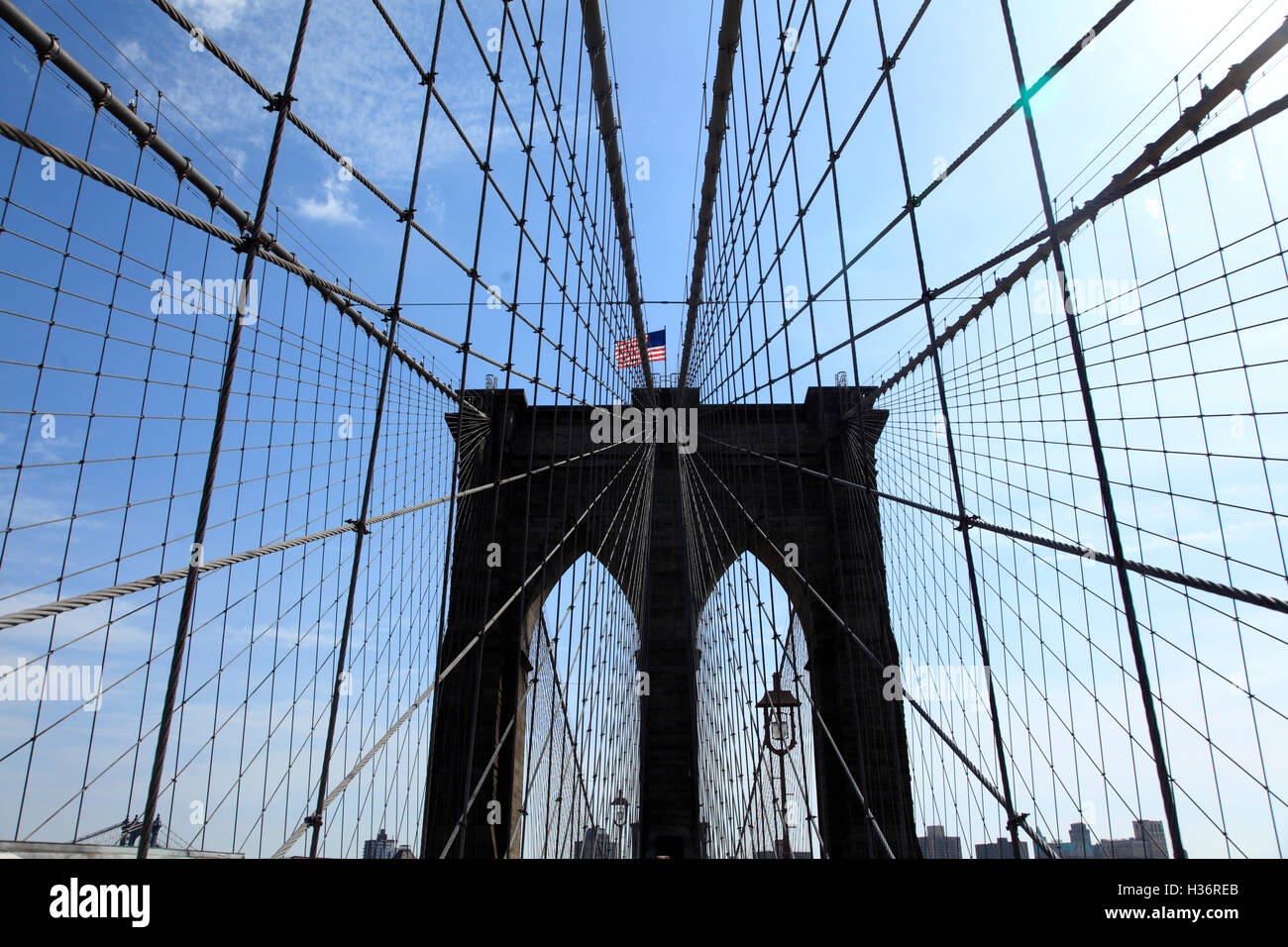 Suspension steel cables of Brooklyn Bridge with the neo-Gothic bridge ...