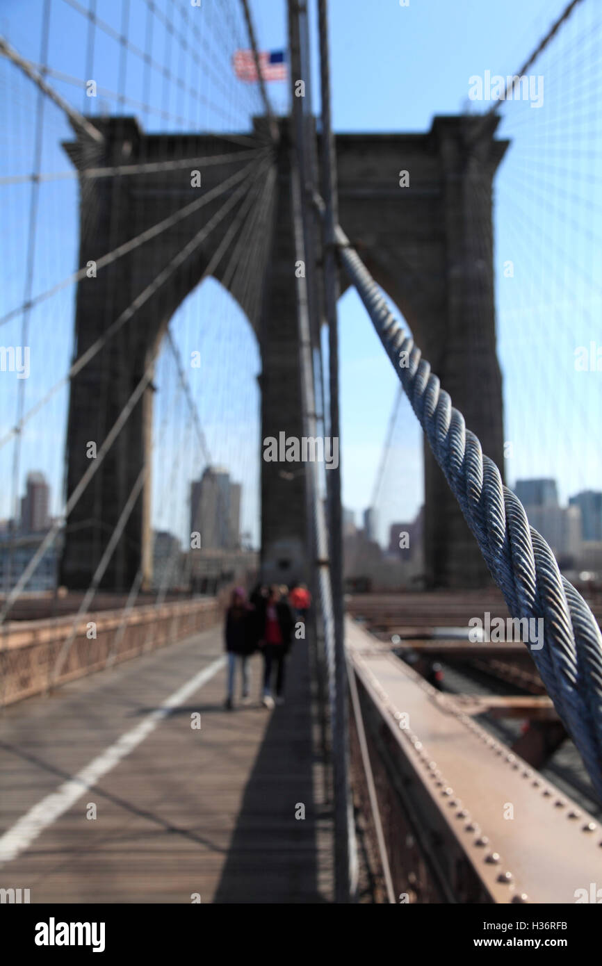 Suspension steel cables of Brooklyn Bridge with the Neo-Gothic bridge ...
