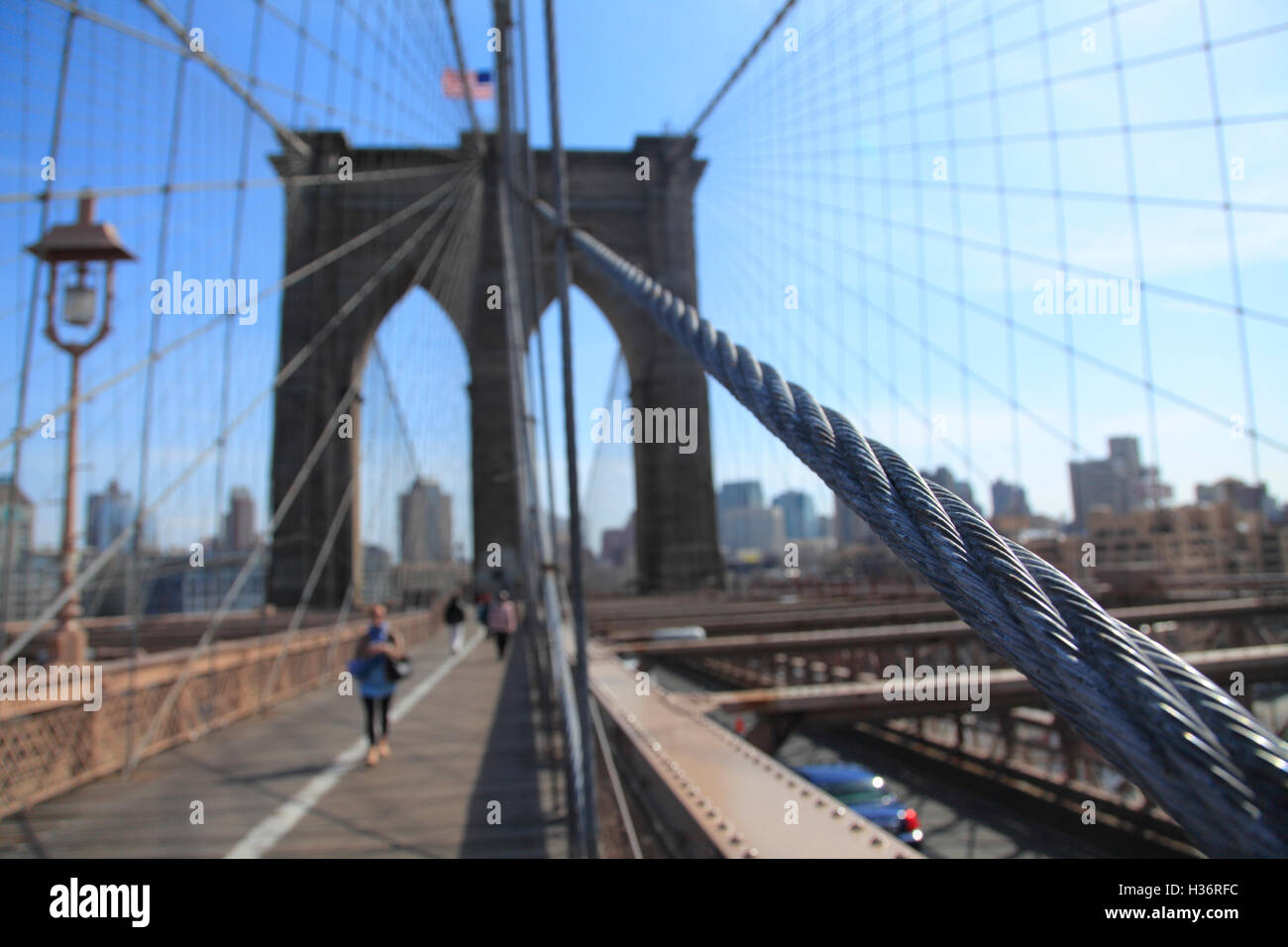 Suspension steel cables of Brooklyn Bridge with the Neo-Gothic bridge ...